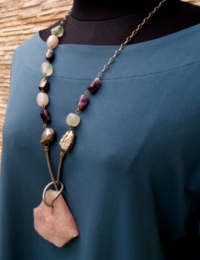 Extra Long Pendant Necklace, Chunky Rose Quartz Rock, Big Multi Color ...