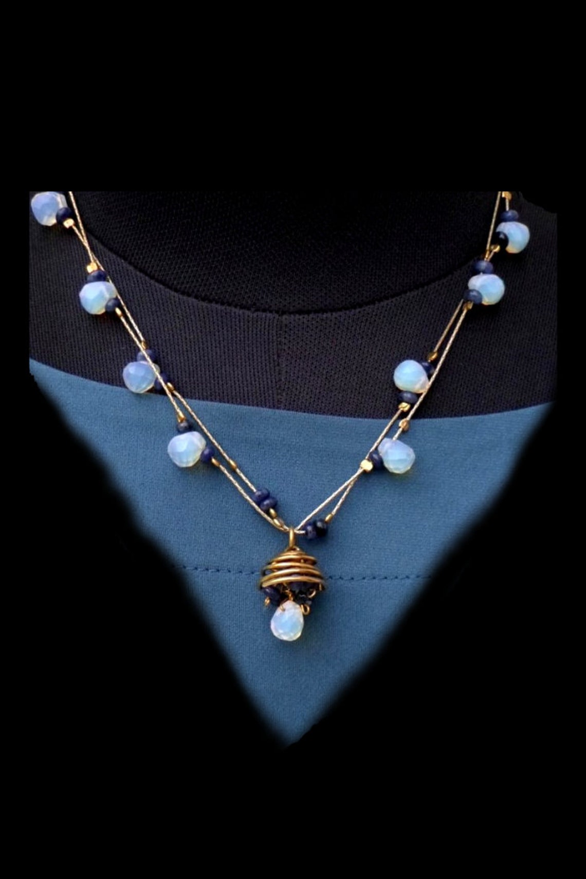 Blue Beaded Pendant Necklace 2 Silver Chains Blue Beadsgold | Etsy