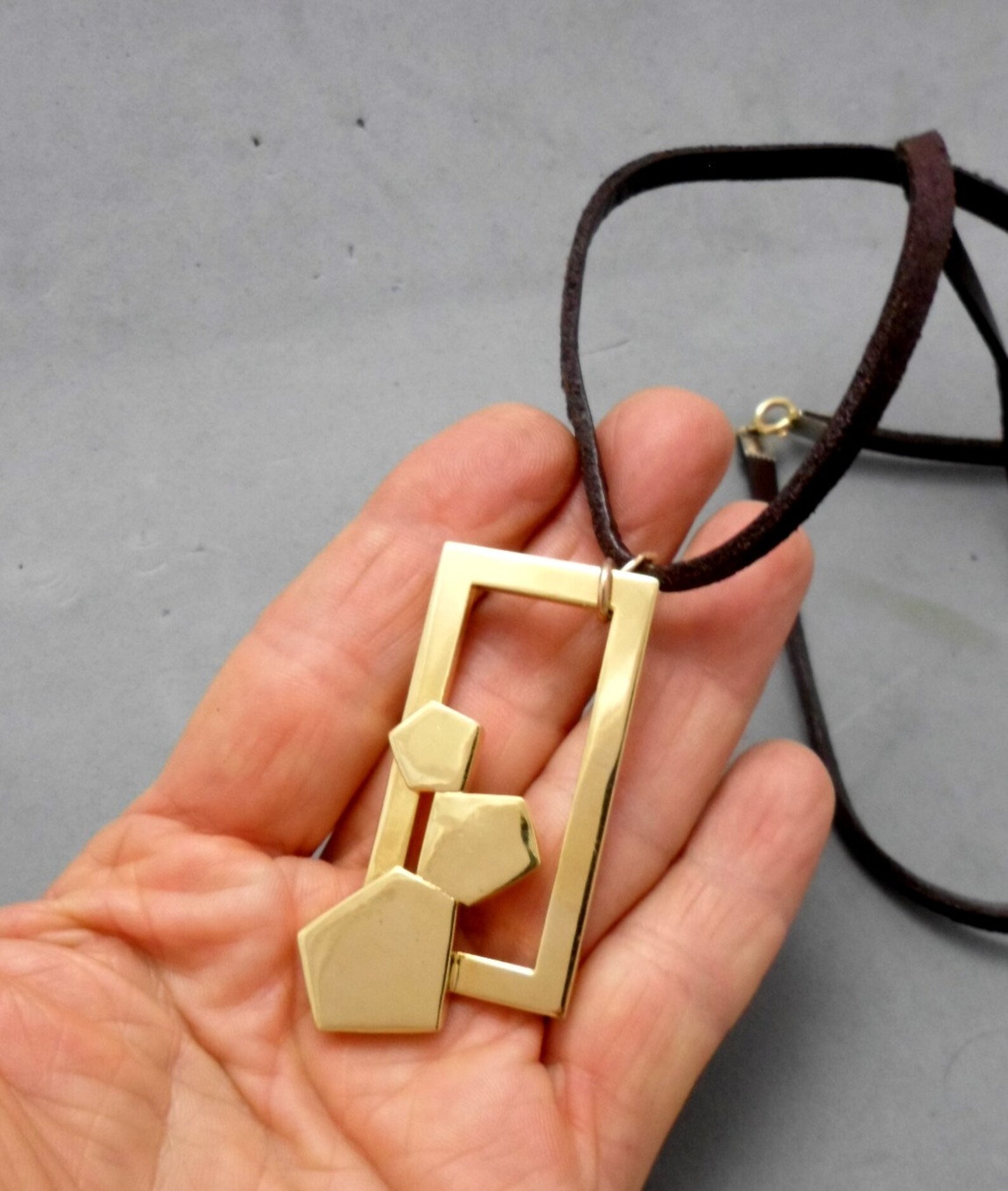 Gold Geometric Necklace, Rectangular Pendant With 3 Pentagons, Long ...