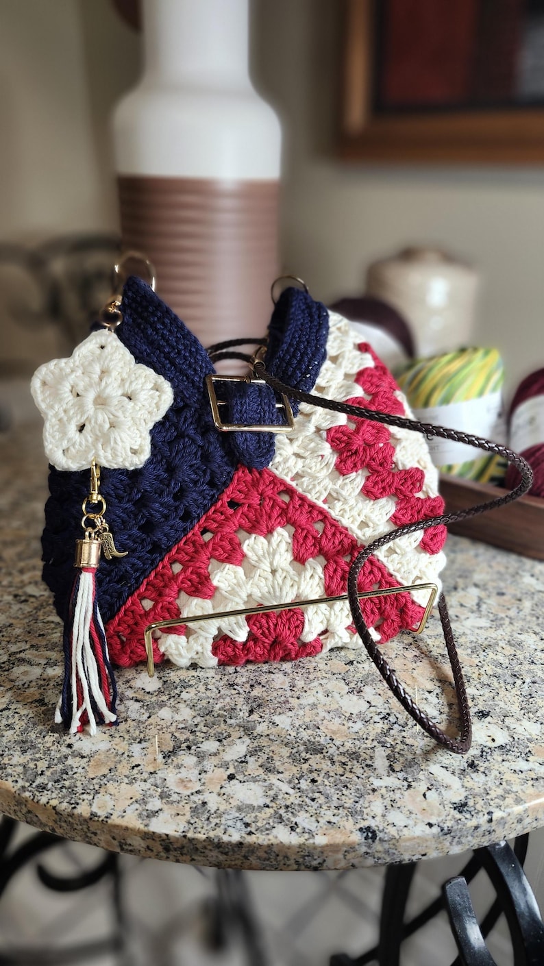 Handmade Patriotic Crochet Triangle Bag – Red White Blue Boho Star ...