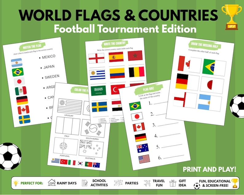 World Flags Countries Activity Pack, Soccer Tournament Learning ...