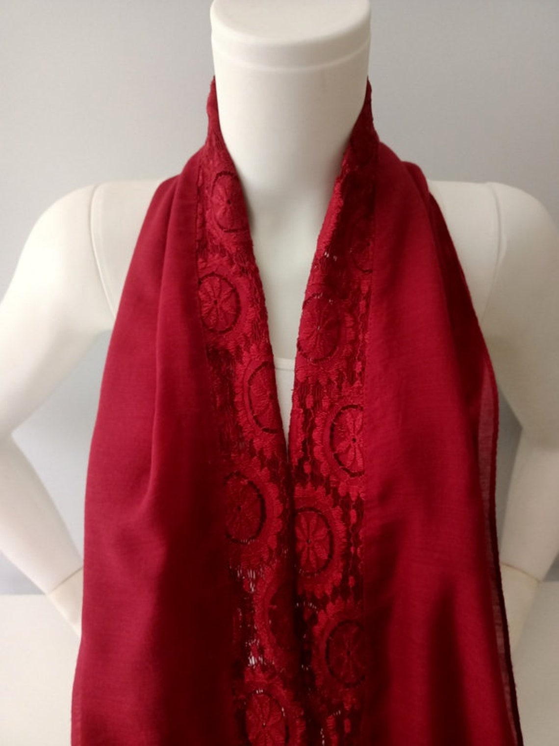 Vintage Scarf Dark Red Color Scarf Lace Detailed Scarf 100% - Etsy