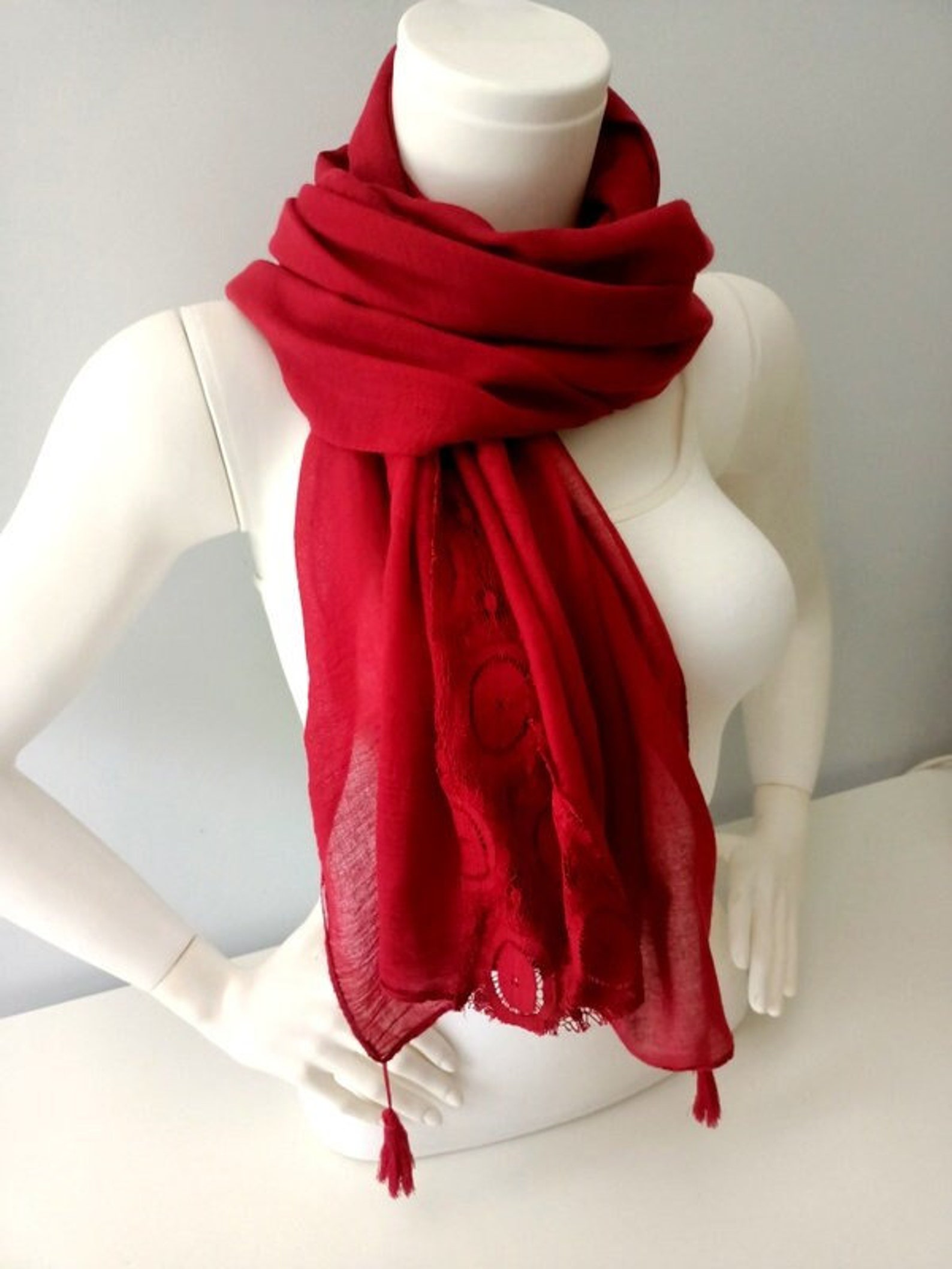 Vintage Scarf Dark Red Color Scarf Lace Detailed Scarf 100% - Etsy