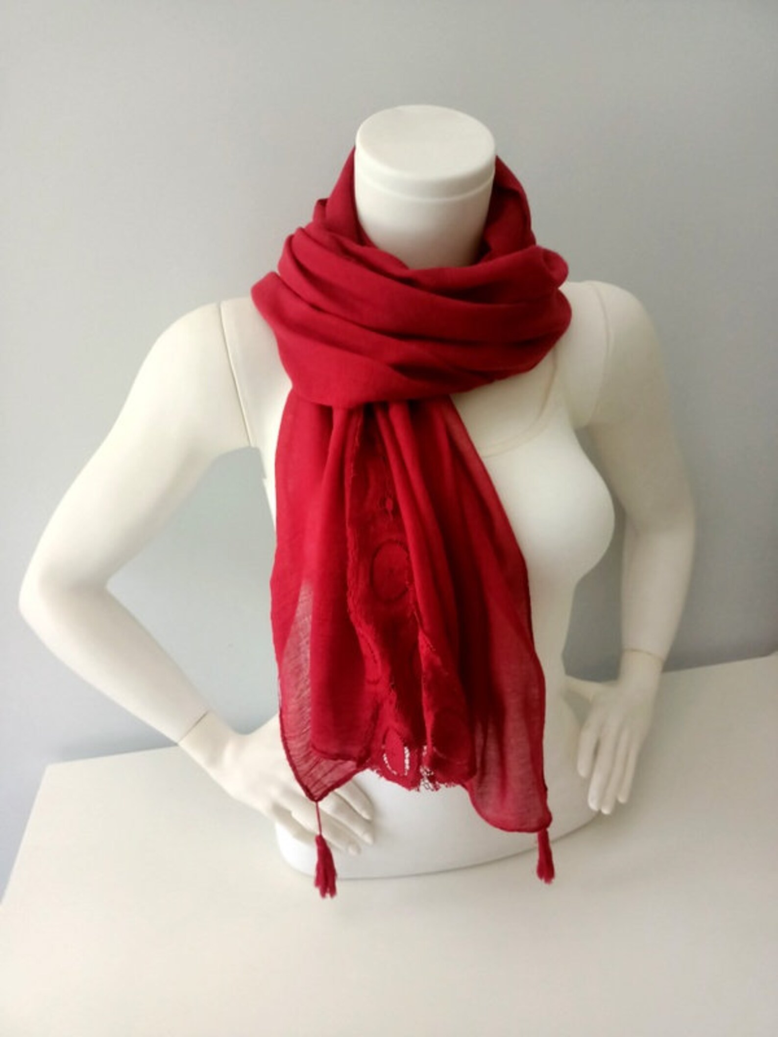 Vintage Scarf Dark Red Color Scarf Lace Detailed Scarf 100% - Etsy