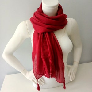 Vintage Scarf, Dark Red Color Scarf, Lace Detailed Scarf, 100% Cotton ...