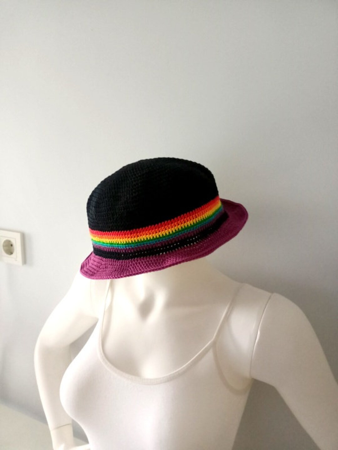 Crochet Mercerized Cotton Bucket Hat, Knit Colorful Bucket Hat, Rainbow ...