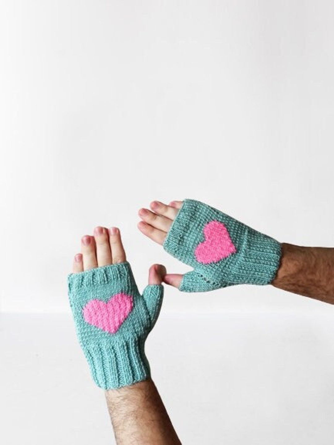 Mint Color Pink Heart Cute Hand Knitted New Year Gloves - Etsy