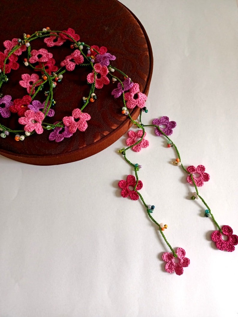 Crochet Floral Necklace, Crochet Gift, Crochet Length Necklace, Flowers ...