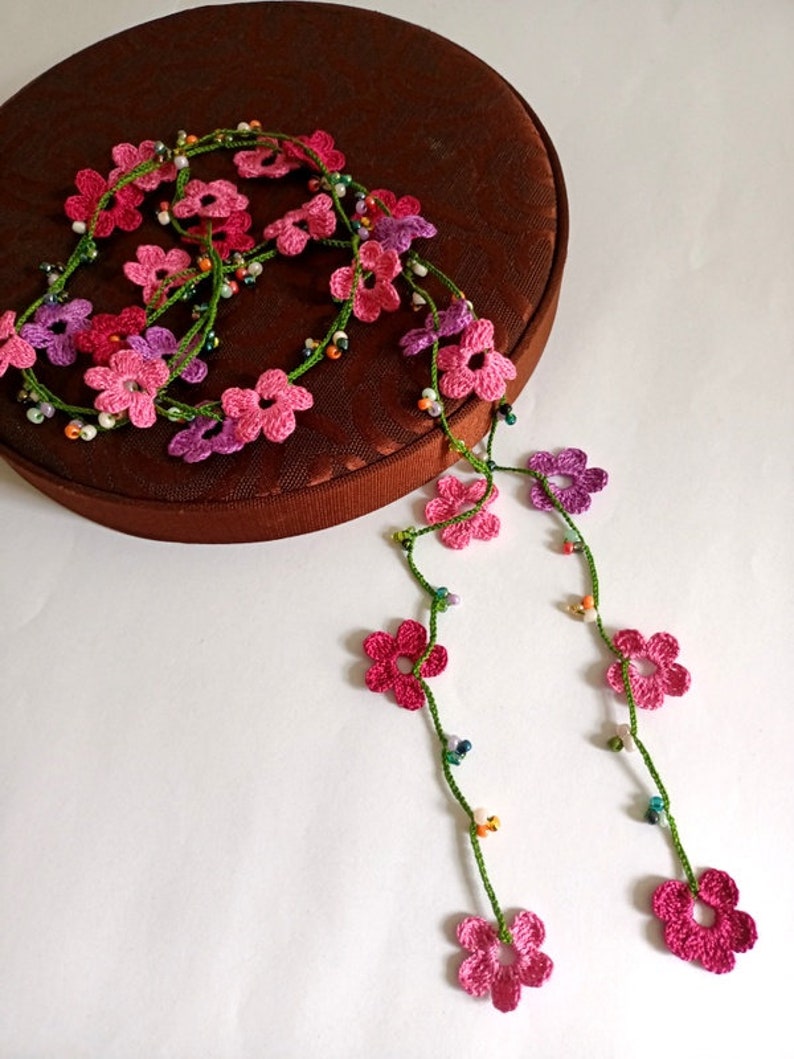 Crochet Floral Necklace, Crochet Gift, Crochet Length Necklace, Flowers ...