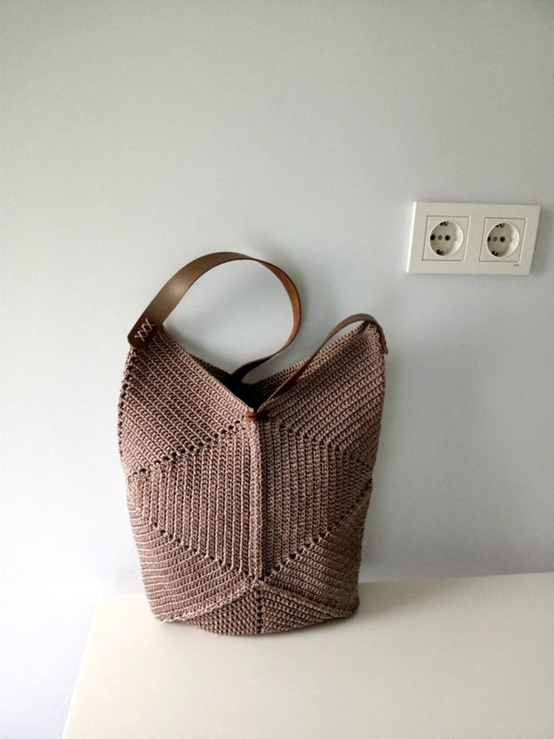 Mink Color, Hand Knitted, Geometric, Leather Strap Shopping Bag, Beach ...