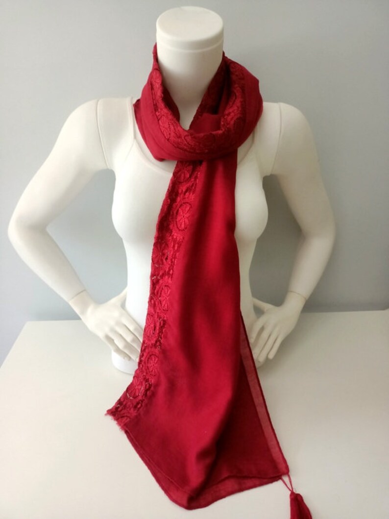 Vintage Scarf Dark Red Color Scarf Lace Detailed Scarf 100% - Etsy