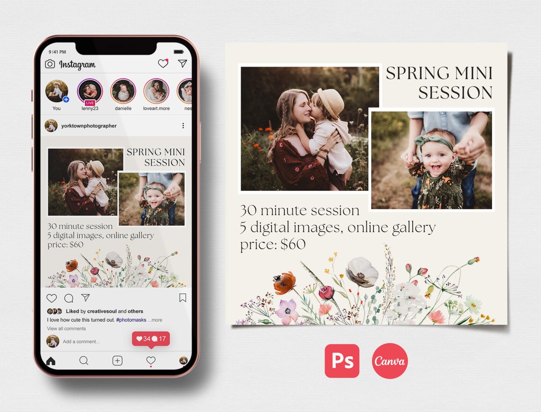 Spring Mini Session Template for Photoshop and Canva, Fully Editable ...