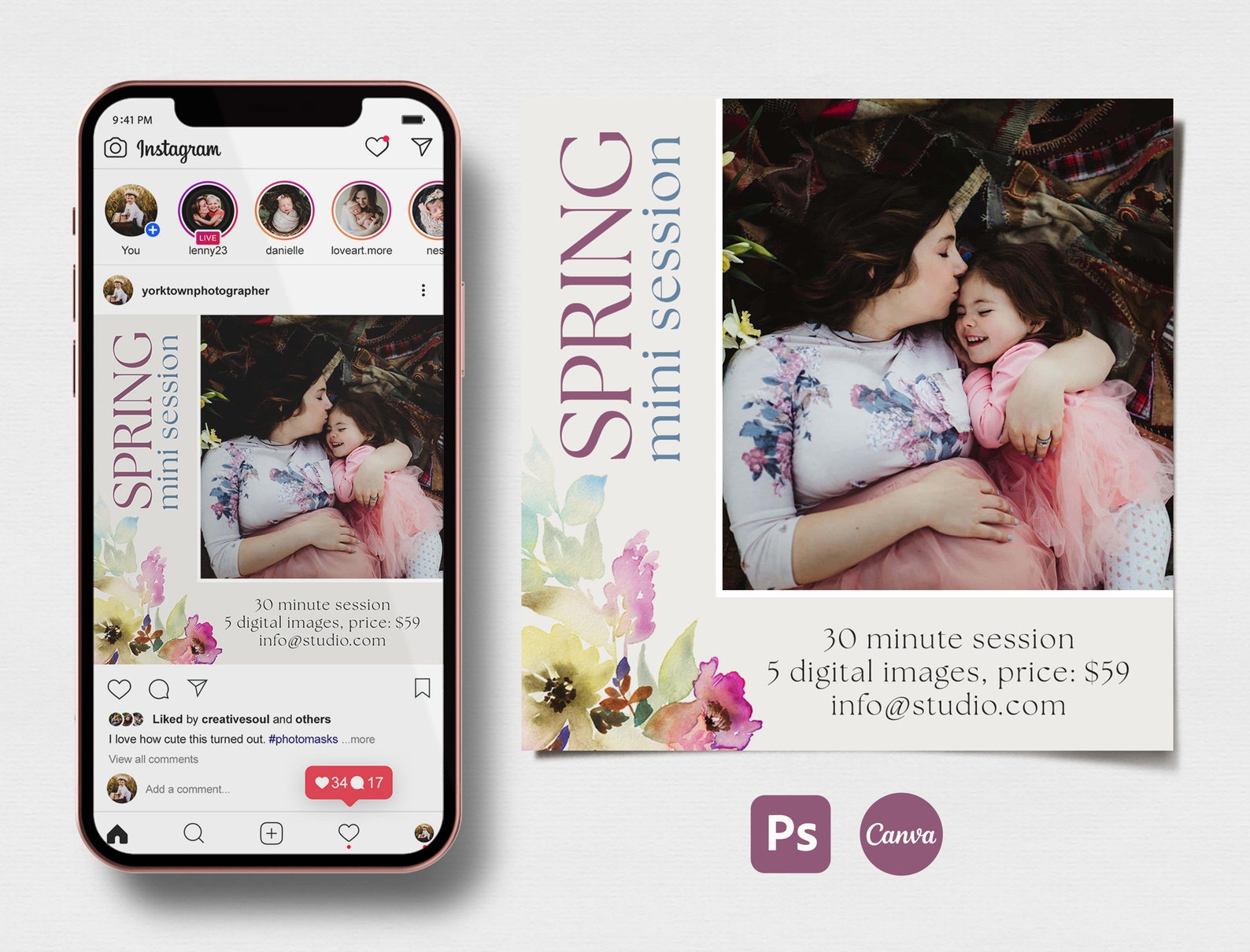 Spring Mini Session Template for Photoshop and Canva, Fully Editable and Customizable Digital ...