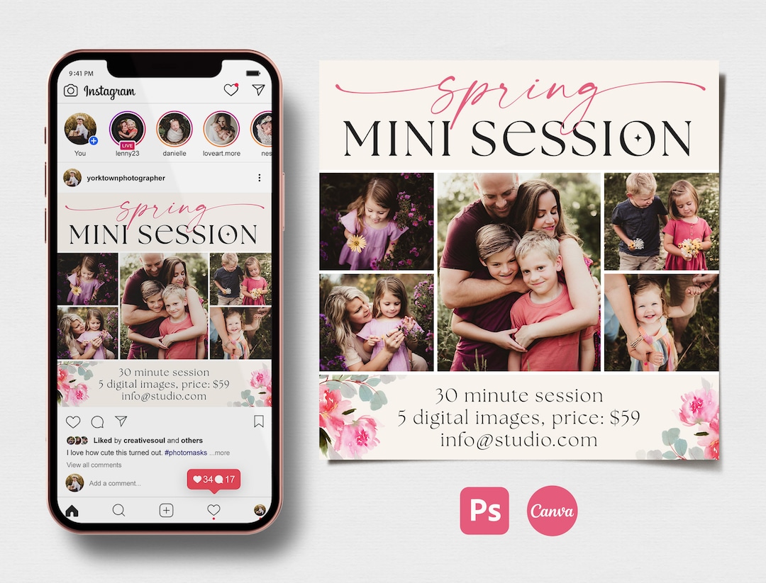 Spring Mini Session Template for Photoshop and Canva, Fully Editable ...