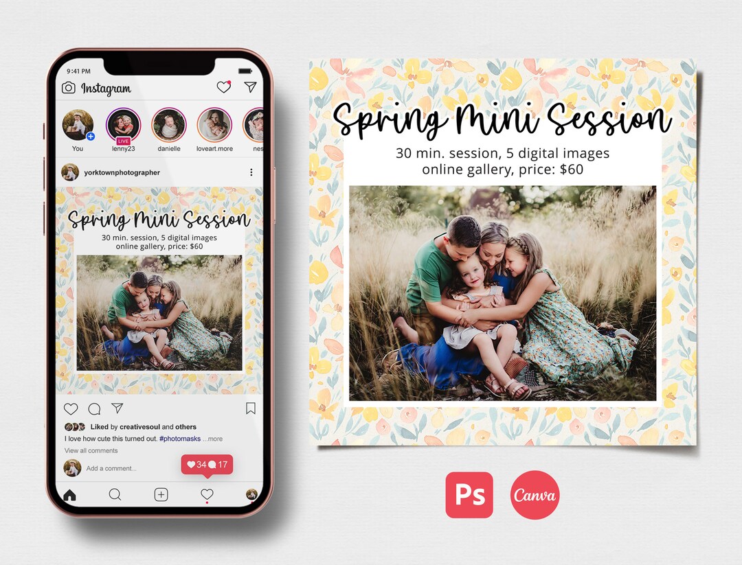 Spring Mini Session Template for Photoshop and Canva, Fully Editable ...