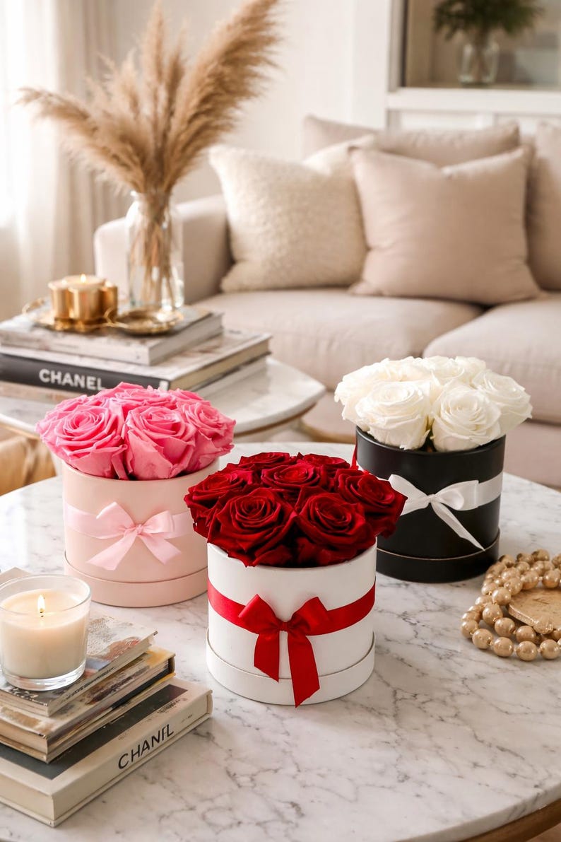 Preserved Roses Round Box, Eternal Real Roses, Romantic Home Decor Gift ...