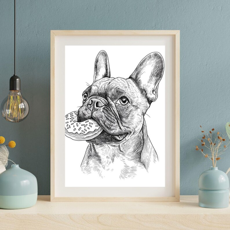 French Bulldog With Donut Line Art Print, Modern Dog Wall Art (digital ...
