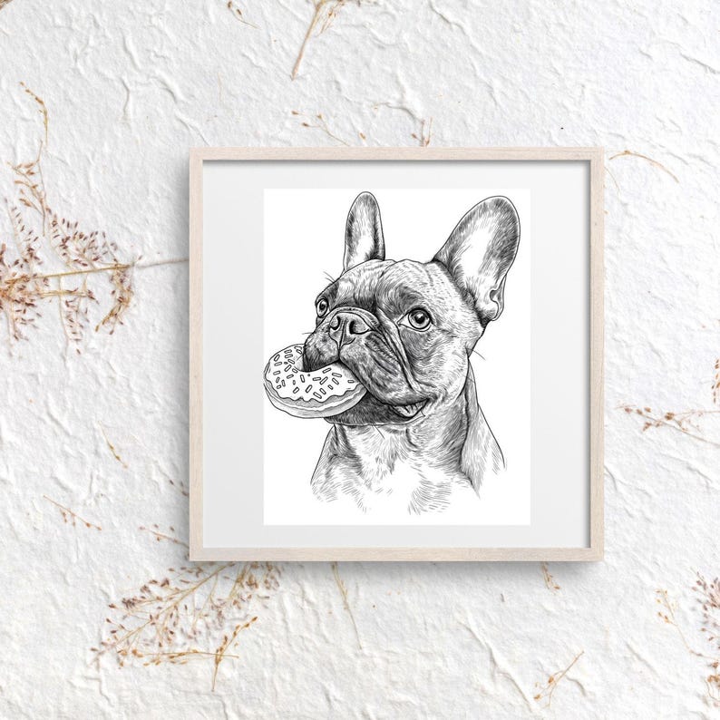 French Bulldog With Donut Line Art Print, Modern Dog Wall Art (digital ...
