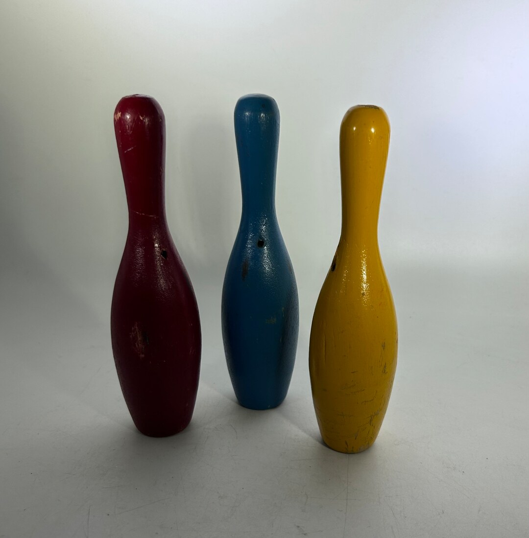 3 Vintage Toy Bowling Pins - 7 Inches Tall, Red, Yellow and Blue, for ...