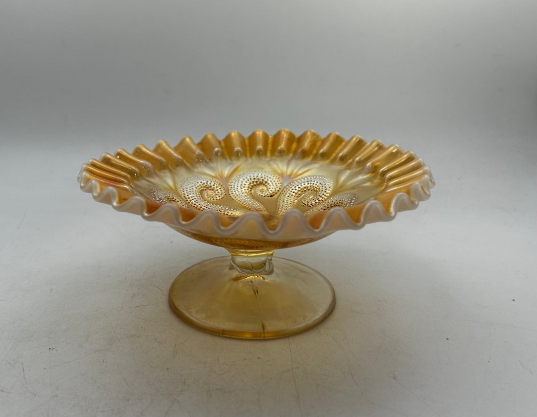 Small Vintage Dugan Glass Crimped Compote, Peach Opal Candy Dish ...