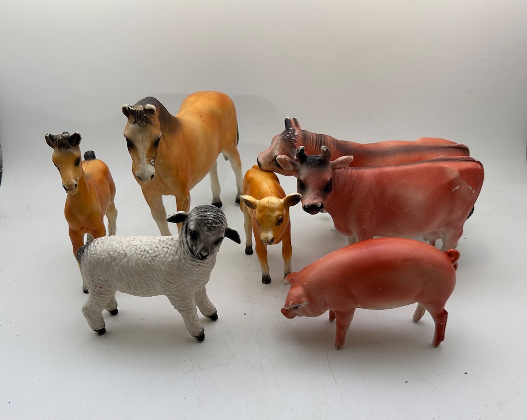 7 Vintage Toy Rubber Farm Animals - Large Creative Playthings Cow, Bull ...