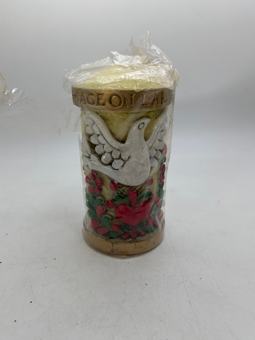 Vintage Pillar Peace Candle: White Dove, Red Flowers, Hearts, 5.5 ...
