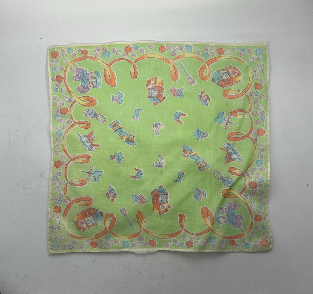 Vintage Handkerchief: Green and Orange Print, Early American Motif, 12 ...