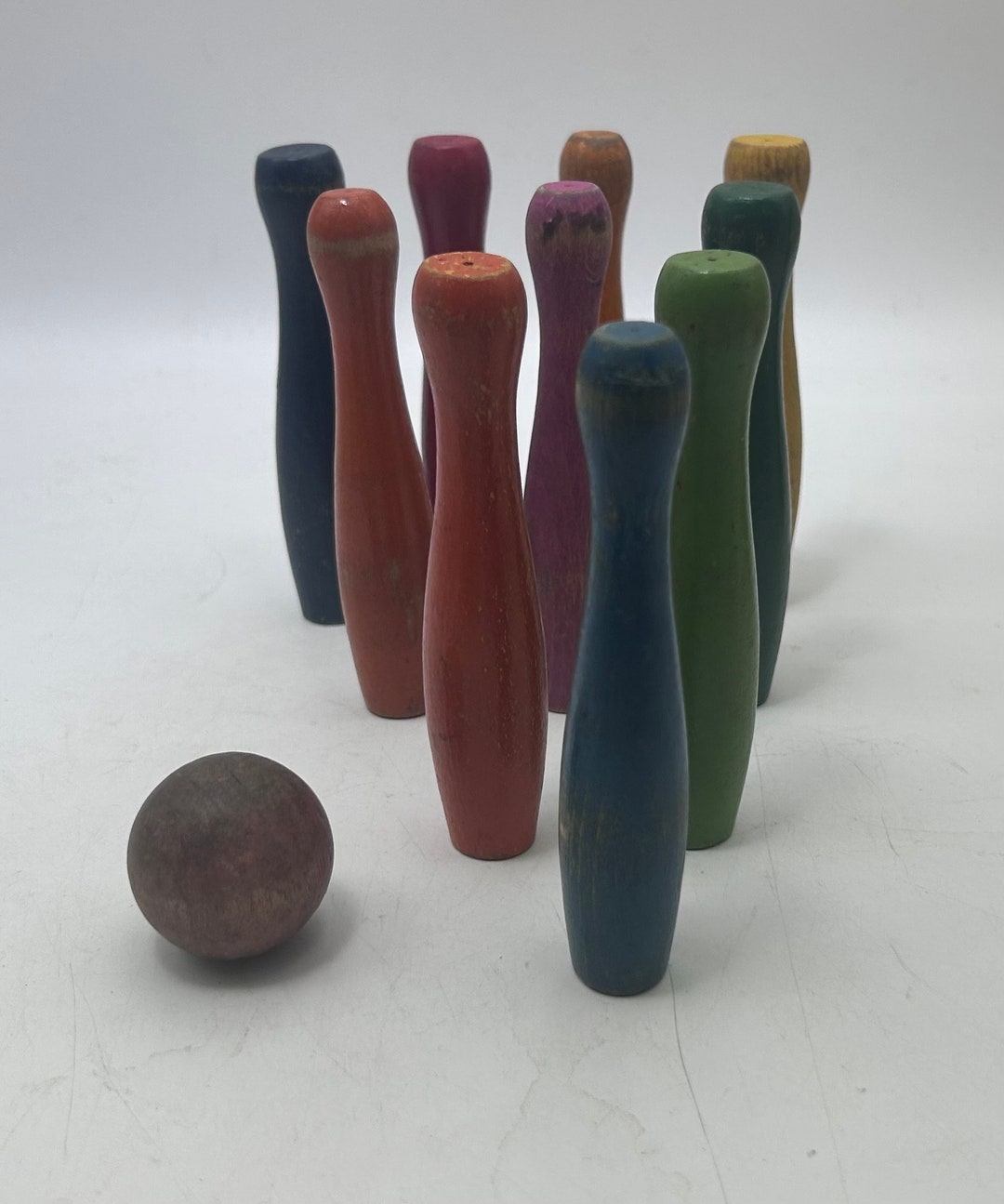Vintage Wooden Ten-pin Bowling / Skittles Game - 10 Pins, 4.5 Inches ...