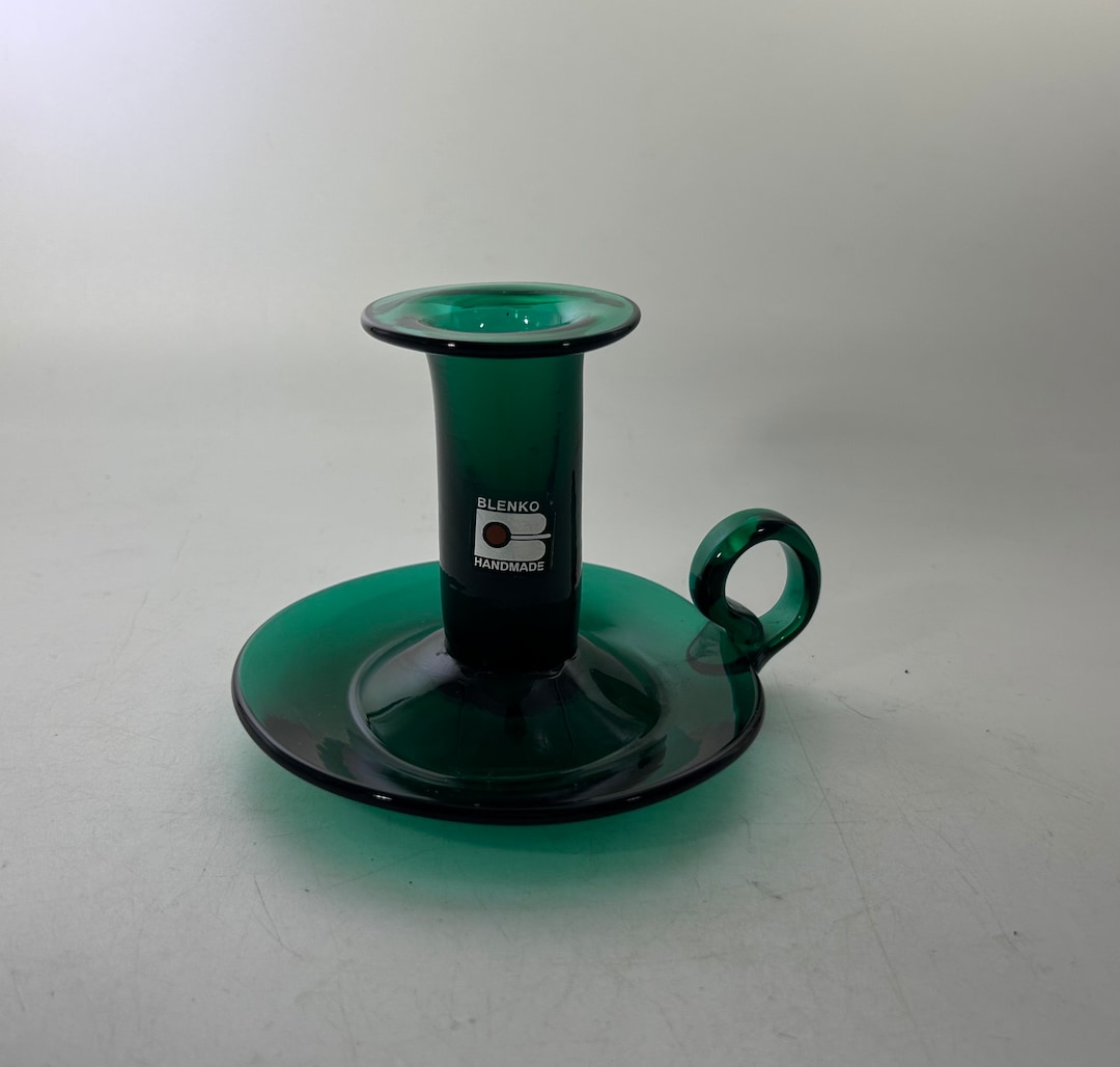 Vintage Blenko Green Candle Holder, Chamber Stick: 7634, Sticker, 3.75 ...