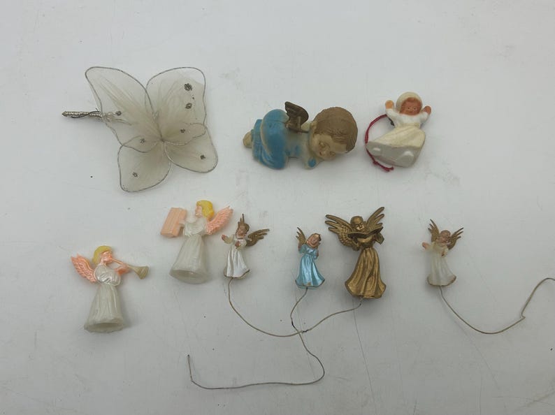 8 Small Vintage Plastic Angels Plus Net Wings for Collection, Crafts ...
