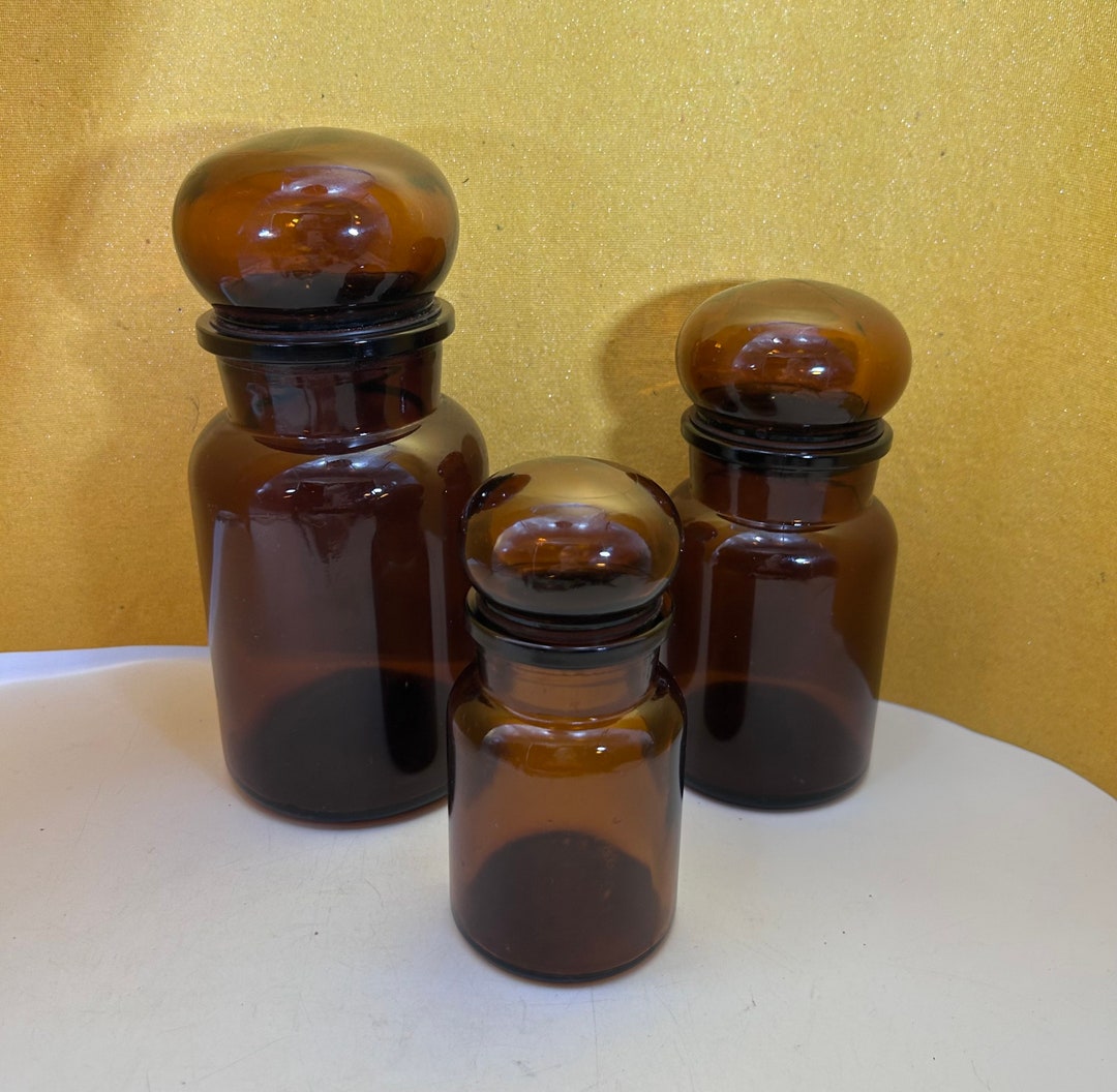 3 Vintage Root Beer / Brown Glass Apothecary Jars With Bubble Lids ...