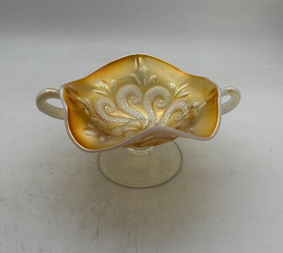 Vintage Dugan Glass Bonbon Dish With Handles, Peach Opal Candy Dish ...