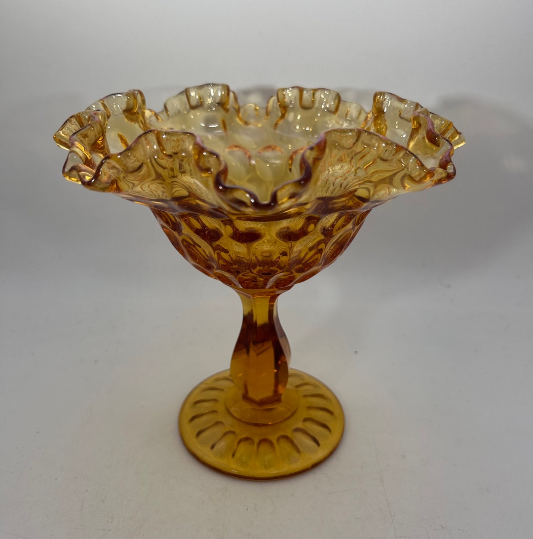 Vintage Fenton Glass Compote - Large, Amber Thumbprint Pattern, Ruffled ...