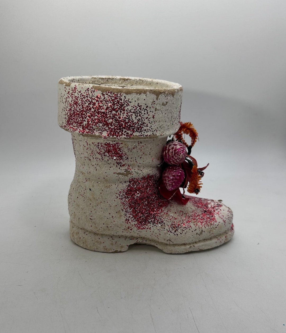 Vintage White Paper Mache Santa Boot With Glass Pinecone Ornaments, Red ...