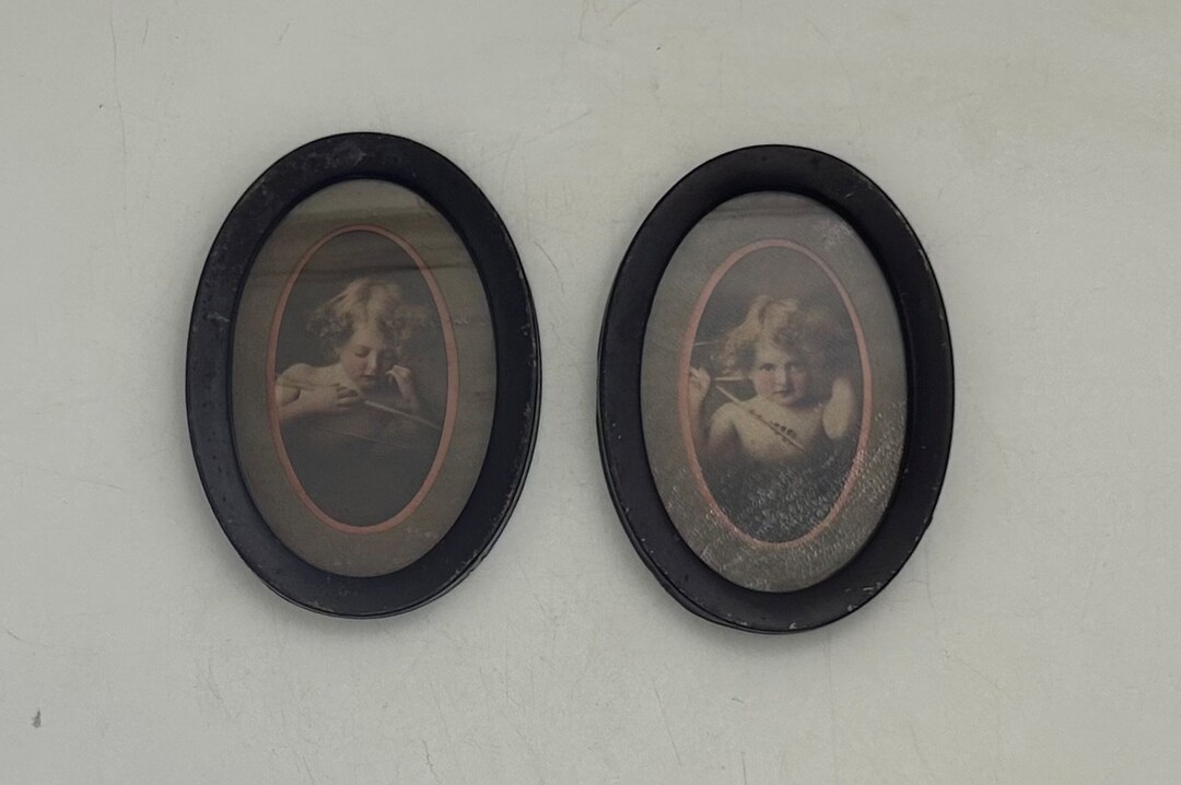 Vintage Miniature Tin Framed Prints of Cupid Awake and Asleep -- Tinted ...