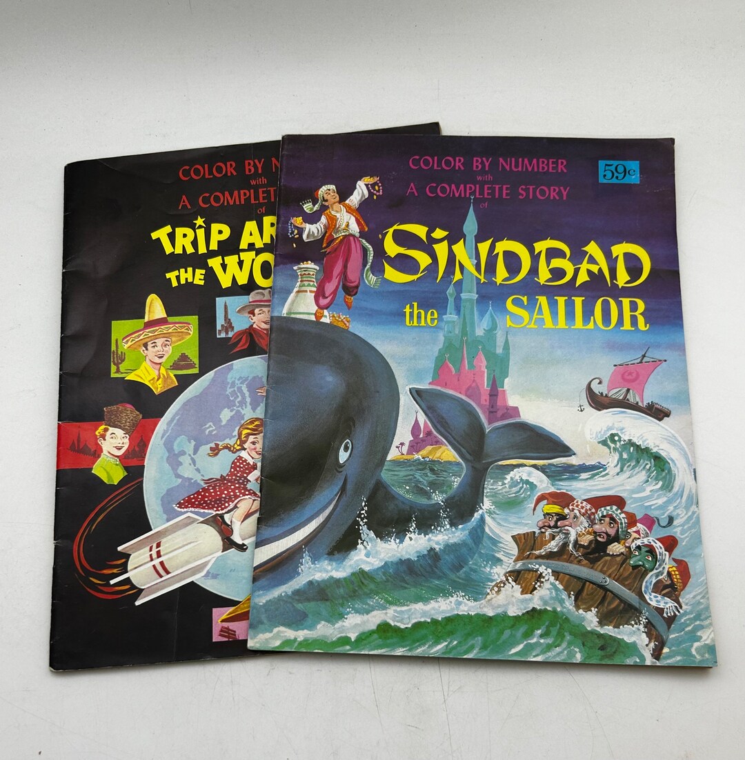 2 Vintage Color by Number Books: Sindbad the Sailor and Trip Around the ...