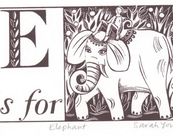 Screenprint Nursery Art Print E is for Elephant Alphabet - Etsy