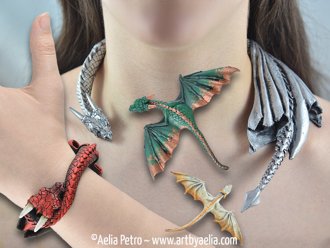 COMBO - Antique Silver Dragon Draper Necklace, Drogon Bangle Bracelet ...