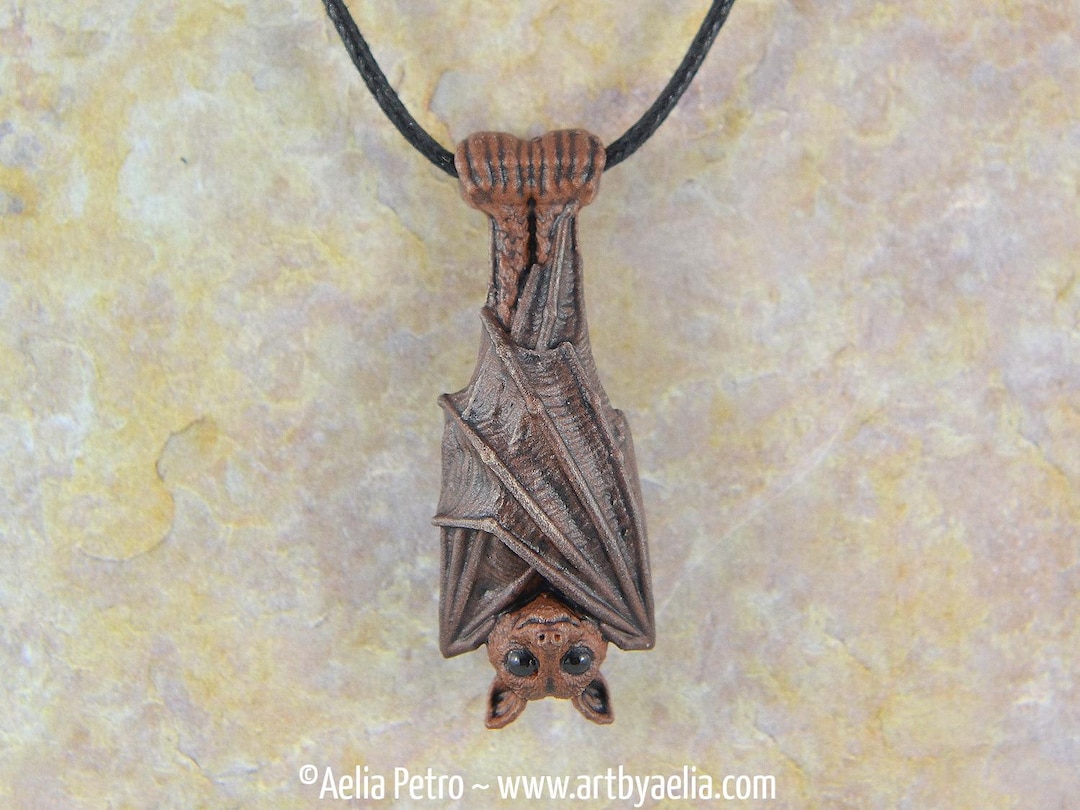 Hanging Bat Necklace - Upside-down Brown Bat Curled up - Halloween ...