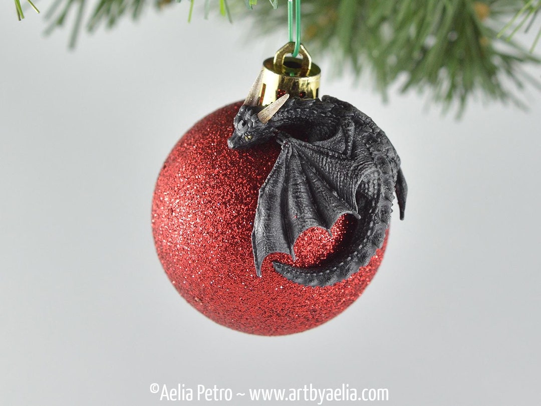 Small Dragon Bauble Ornament - Black Dragon on Your Choice of 4.5cm ...