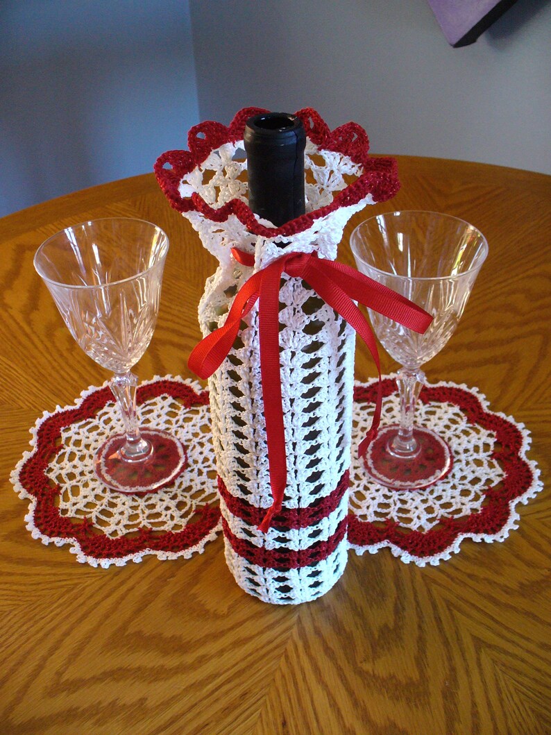 Crochet Wine Bottle Cozy and Two Doilies - Yellow, Lilac, and Purple ...