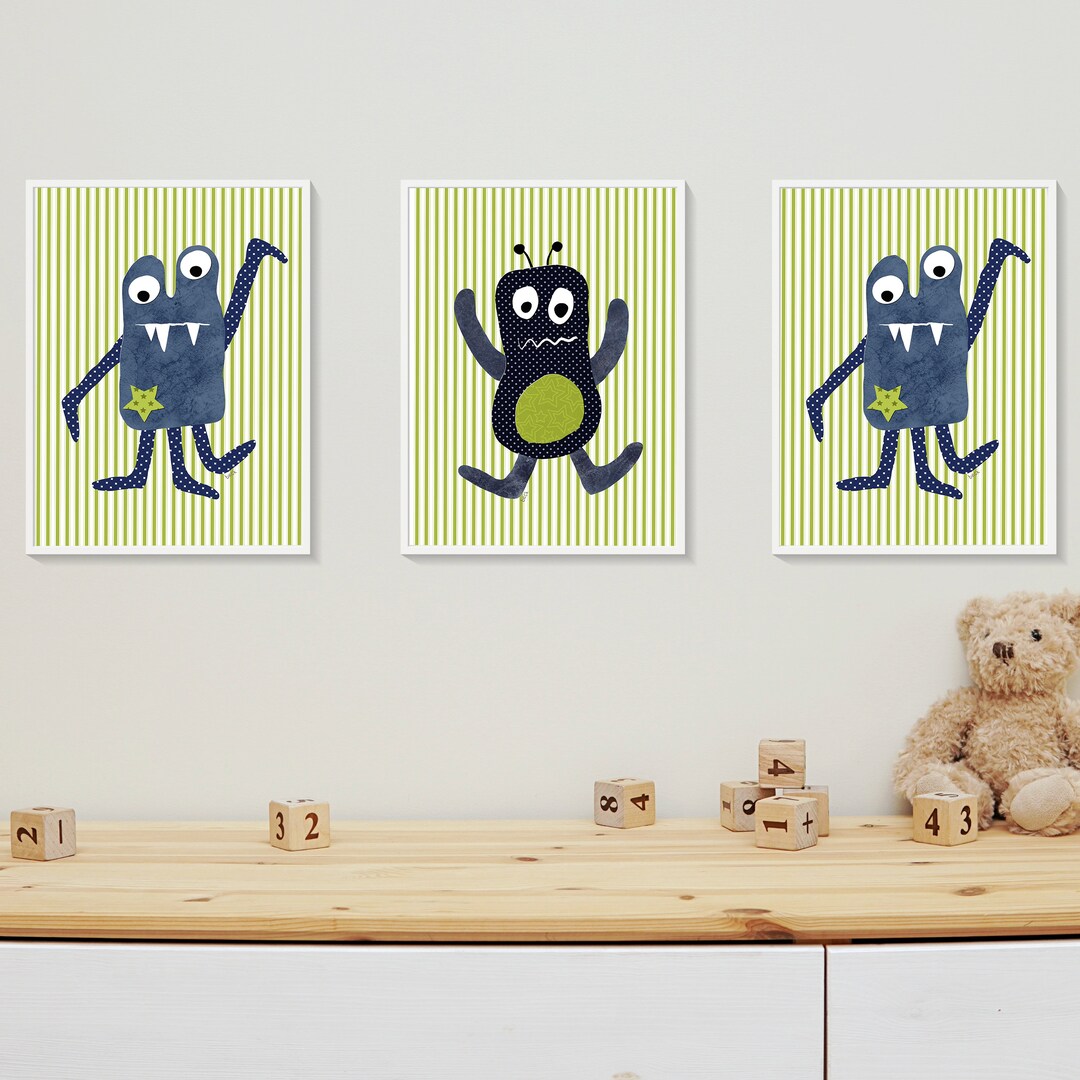 Set of 3 Monster Art Prints Green, Kids Room Decor, Cute Monster Art ...
