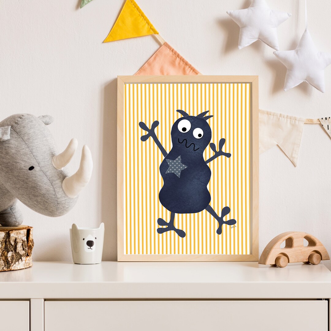 Ticklish Monster Yellow Stripe Art Print, Kids Room Monster Art, Kids ...
