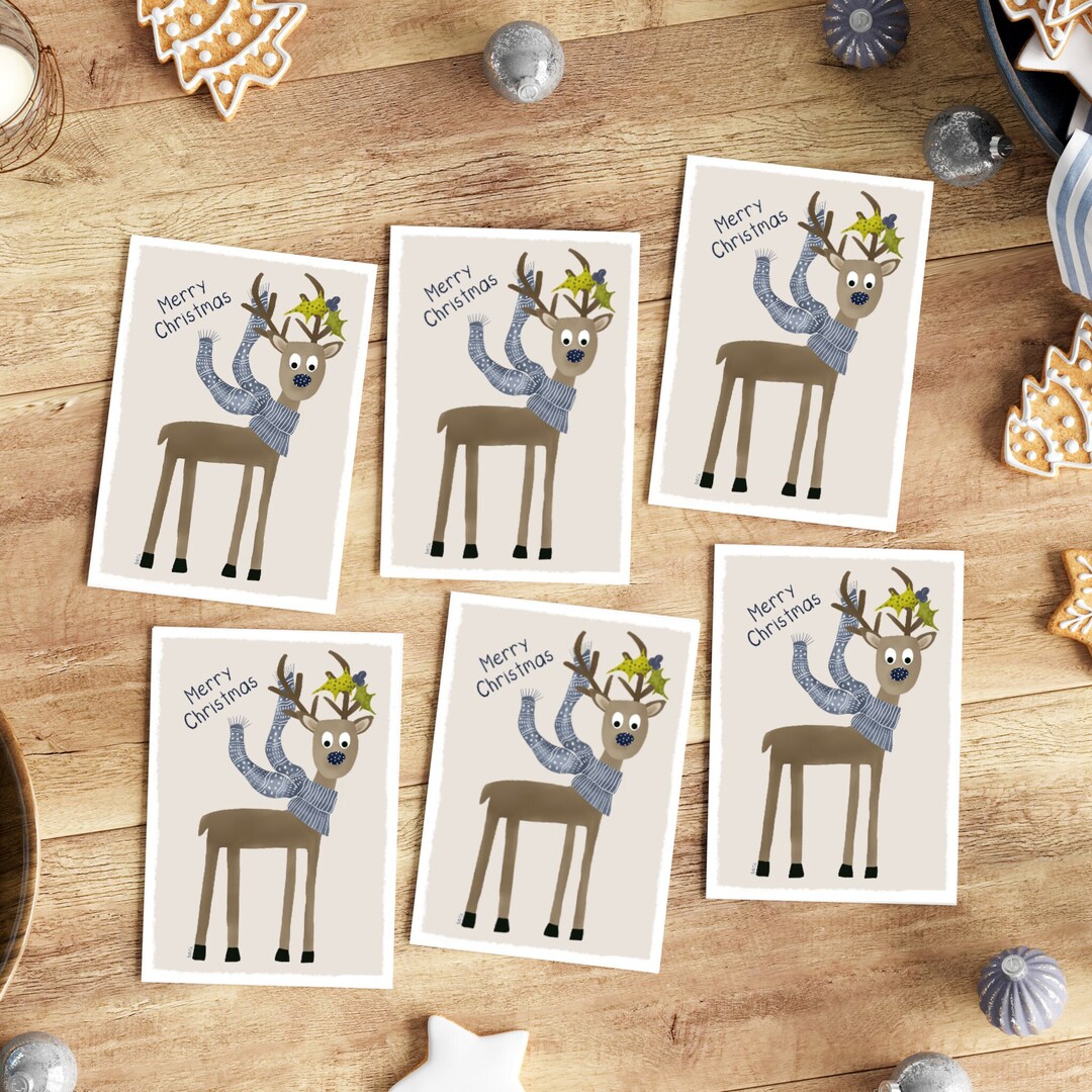 Sef of 6 Reindeer Christmas Cards With Kraft Envelopes. Cards - Etsy