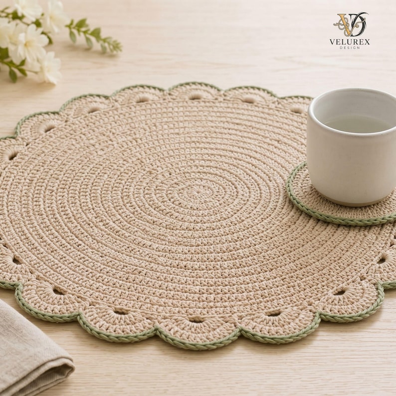 Crochet Placemat Pattern, Round Scalloped Table Mat and Matching ...