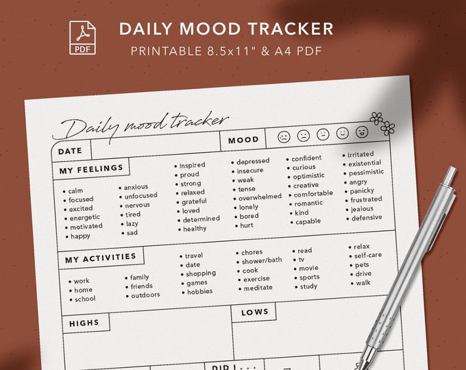 Daily Mood Tracker | 8.5x11" & A4 Printable PDF Planner | Mental Health ...