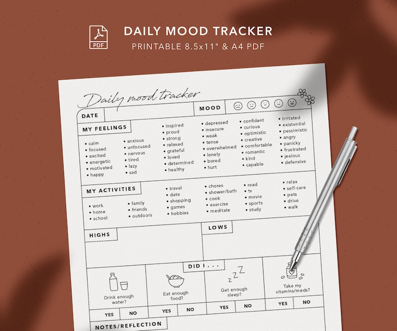 Daily Mood Tracker 8.5x11 & A4 Printable PDF Planner - Etsy