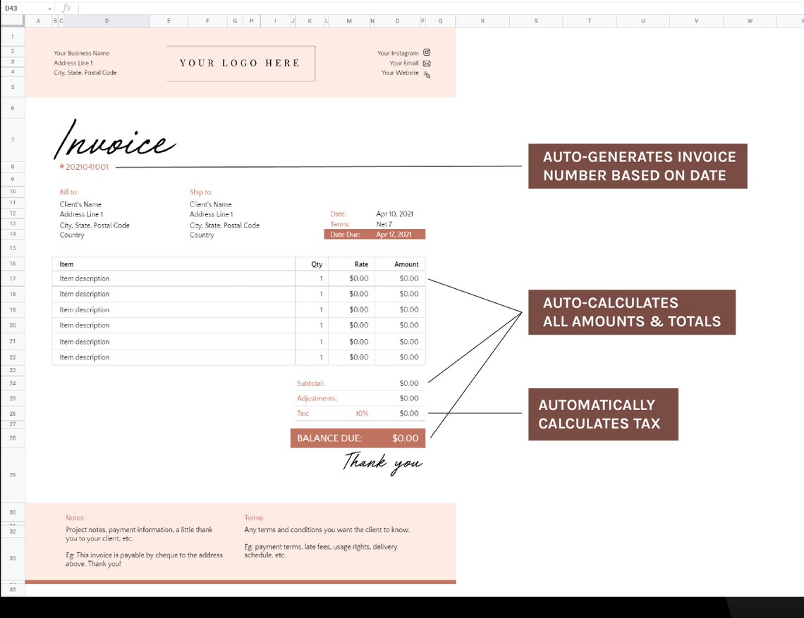 Auto-calculating Invoice Template 8.5 X 11 GOOGLE - Etsy Canada