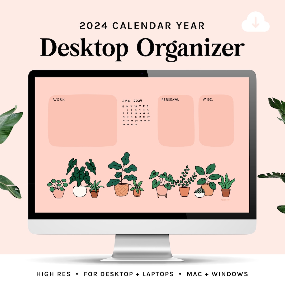 Desktop Organizer 2024 Calendar Pink Houseplants Wallpaper Small ...