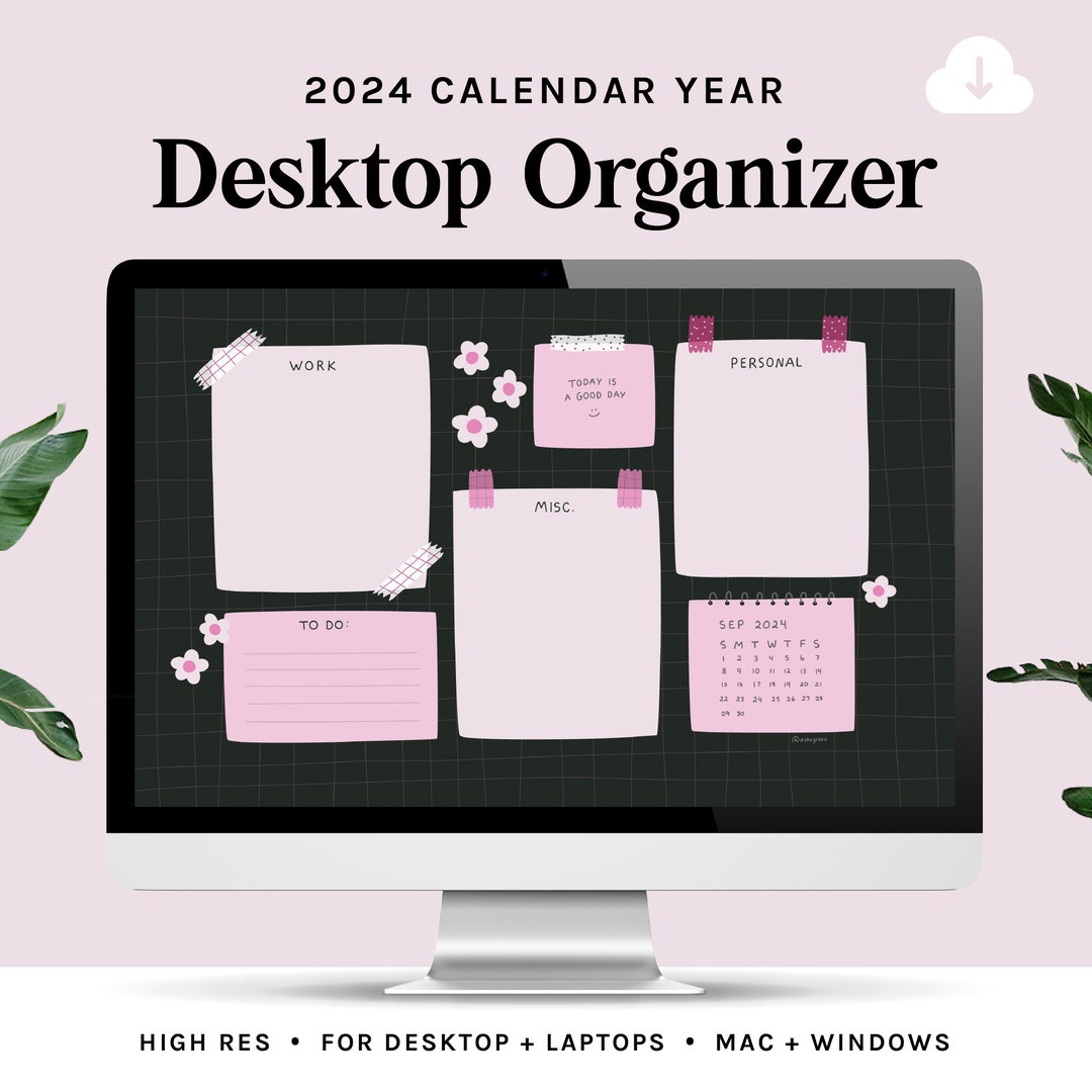 Desktop Organizer 2024 Calendar Black Floral Grid Wallpaper Small ...